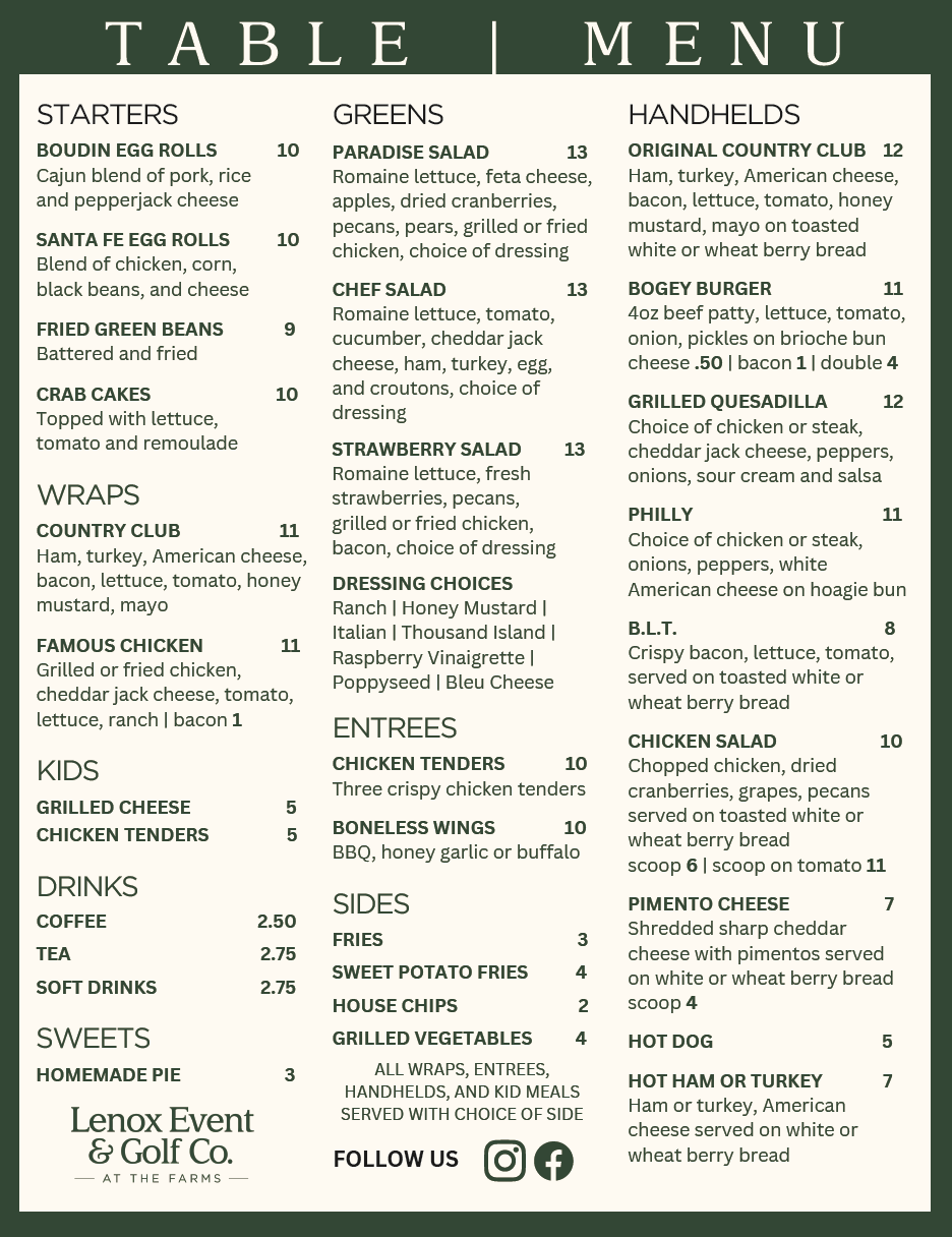 Bar + Table Menu - Lenox Event & Golf Co
